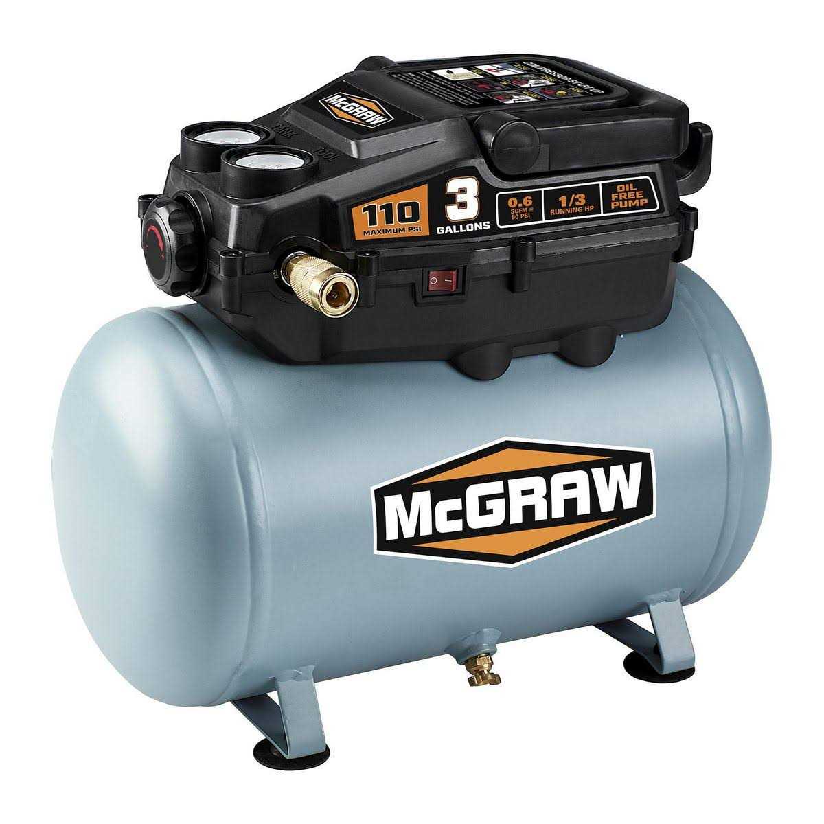 Mcgraw 3 Gallon 1/3 HP 110 PSI Oil-Free Hot Dog Air Compressor ...