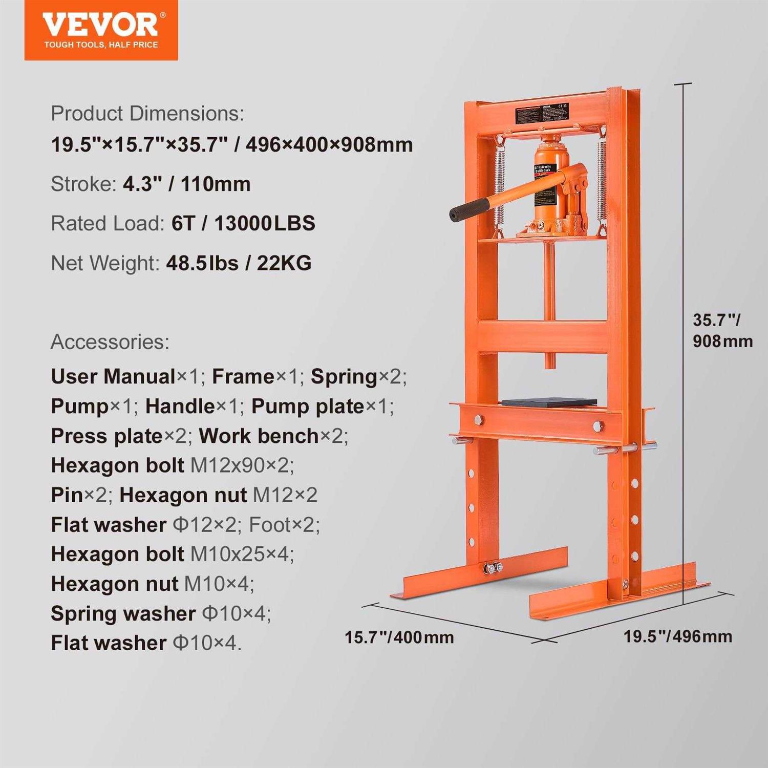 VEVOR Hydraulic Shop Press 6 Ton H-Frame Hydraulic Garage/Shop Floor ...