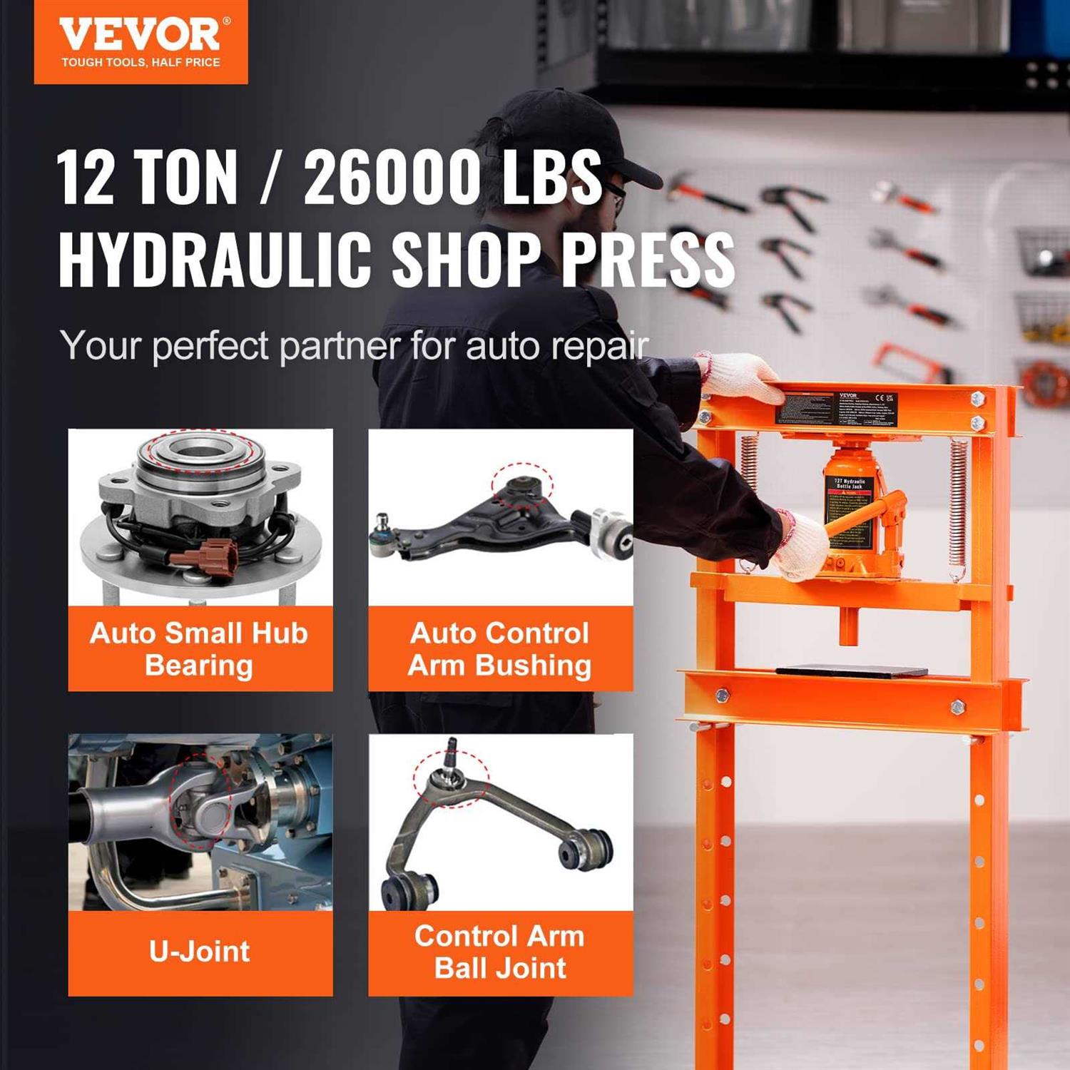 VEVOR Hydraulic Shop Press 12 Ton H-Frame Hydraulic Garage/Shop Floor ...