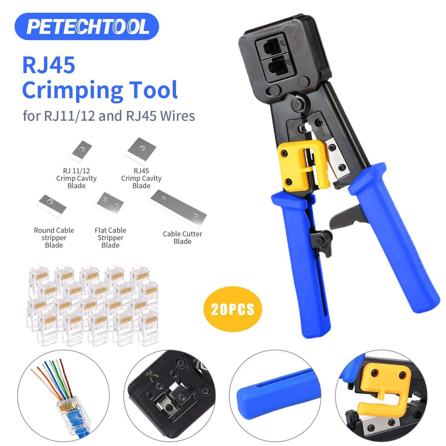 PETECHTOOL RJ45 Crimping Tool Ethernet Crimper for Cat6 Cat5 Cat5e RJ45 ...