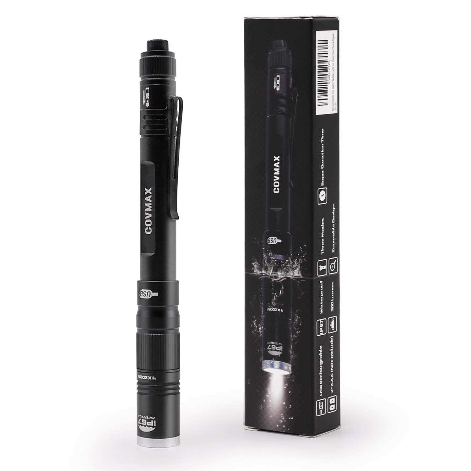 COVMAX Rechargeable Pen Light Flashlight IP67 Waterproof with Pocket ...