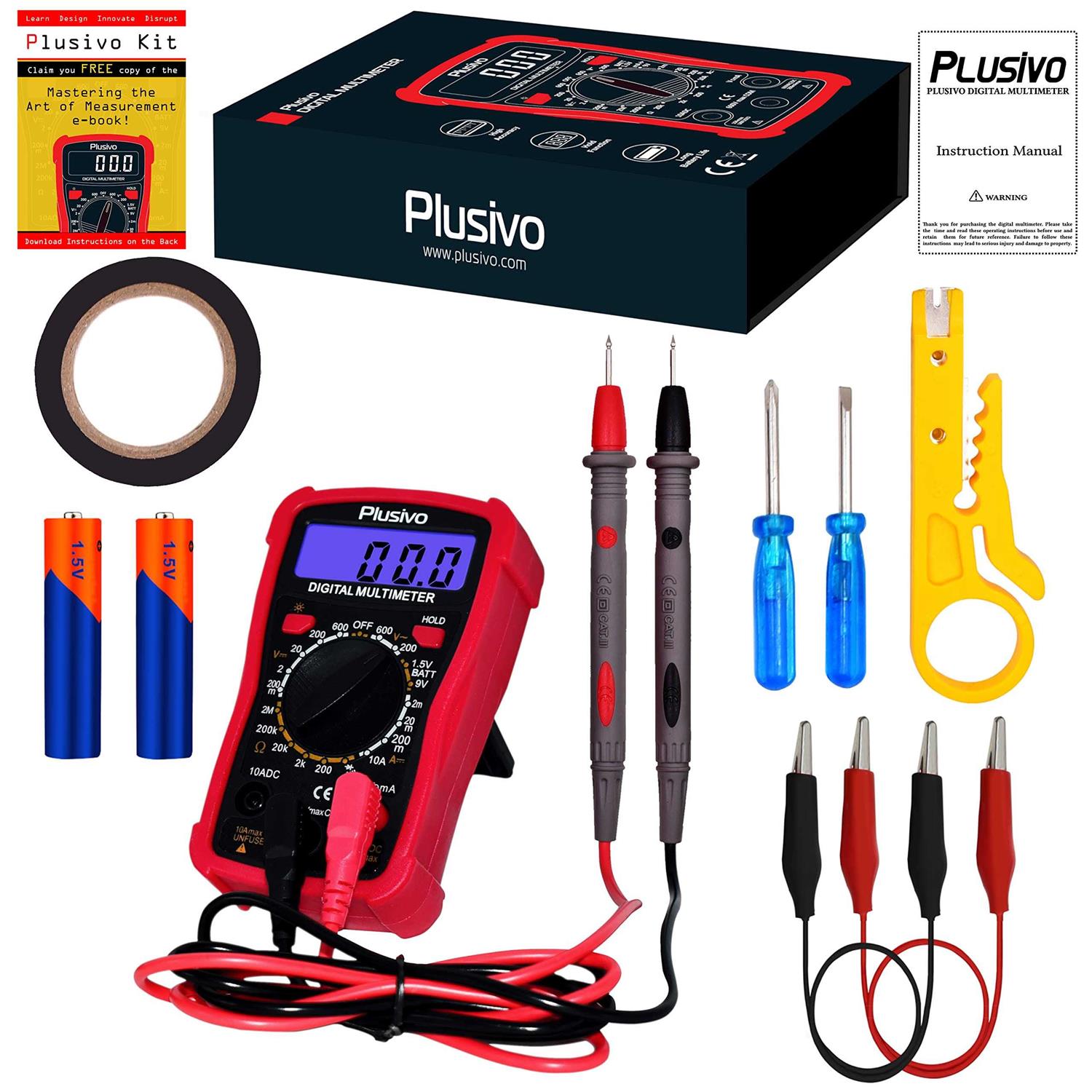 Plusivo Digital Multimeter Tester 2000 Counts AC DC Voltmeter Ohm Volt ...