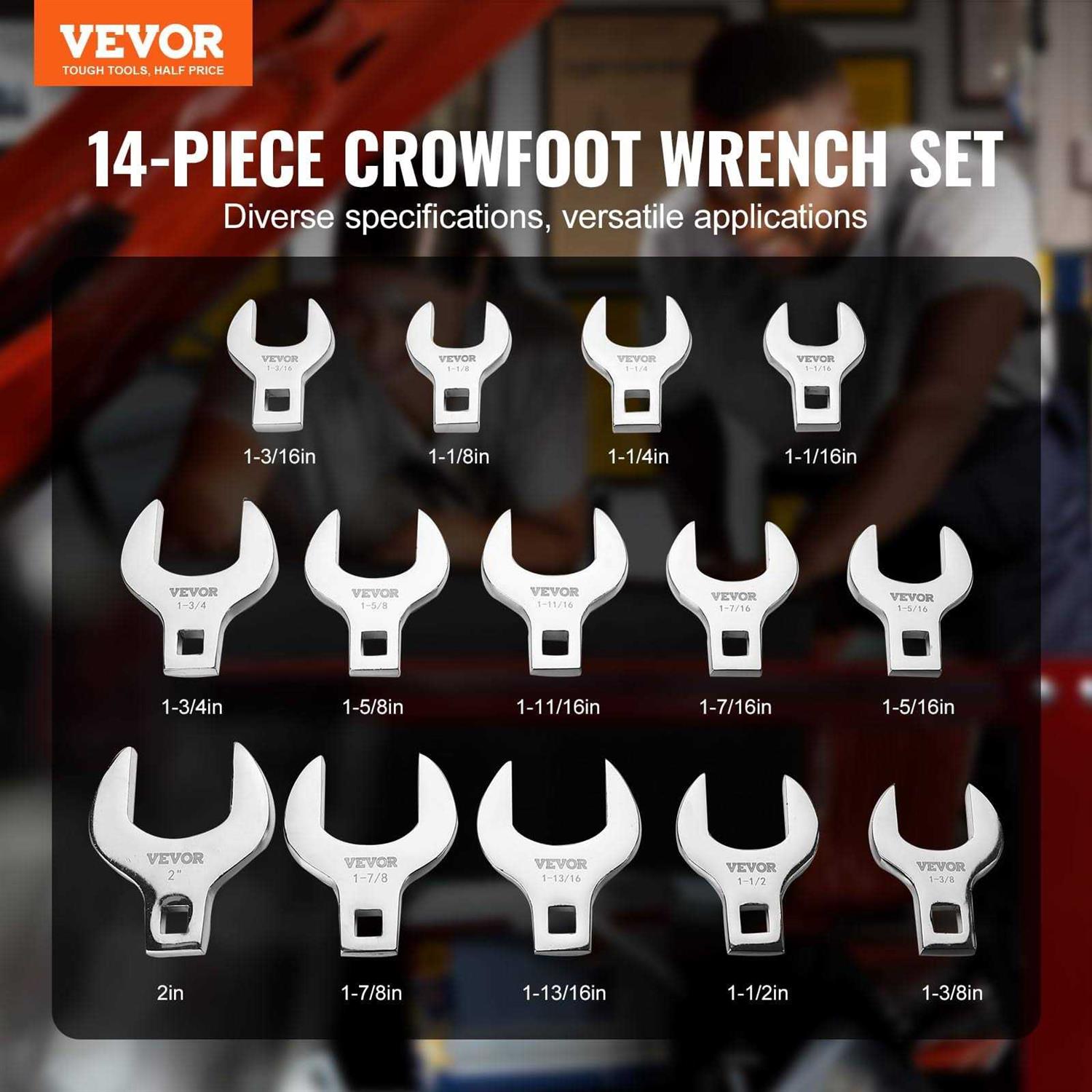 VEVOR Crowfoot Wrench Set 1/2 Drive 14-Piece SAE Crows Foot Wrench Set ...