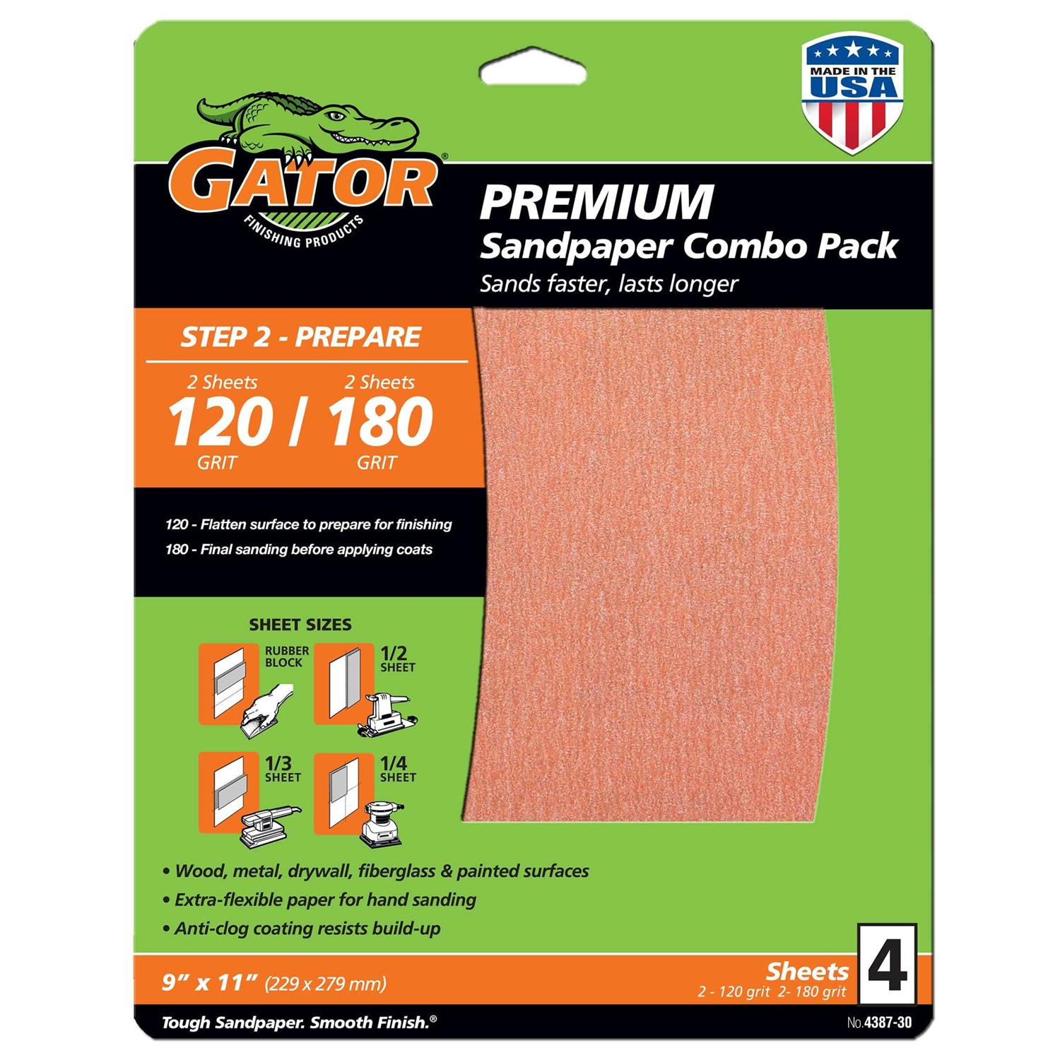 Gator Premium Multi-Surface Sanding Sheets 120/180 Grit 4 Pack ...