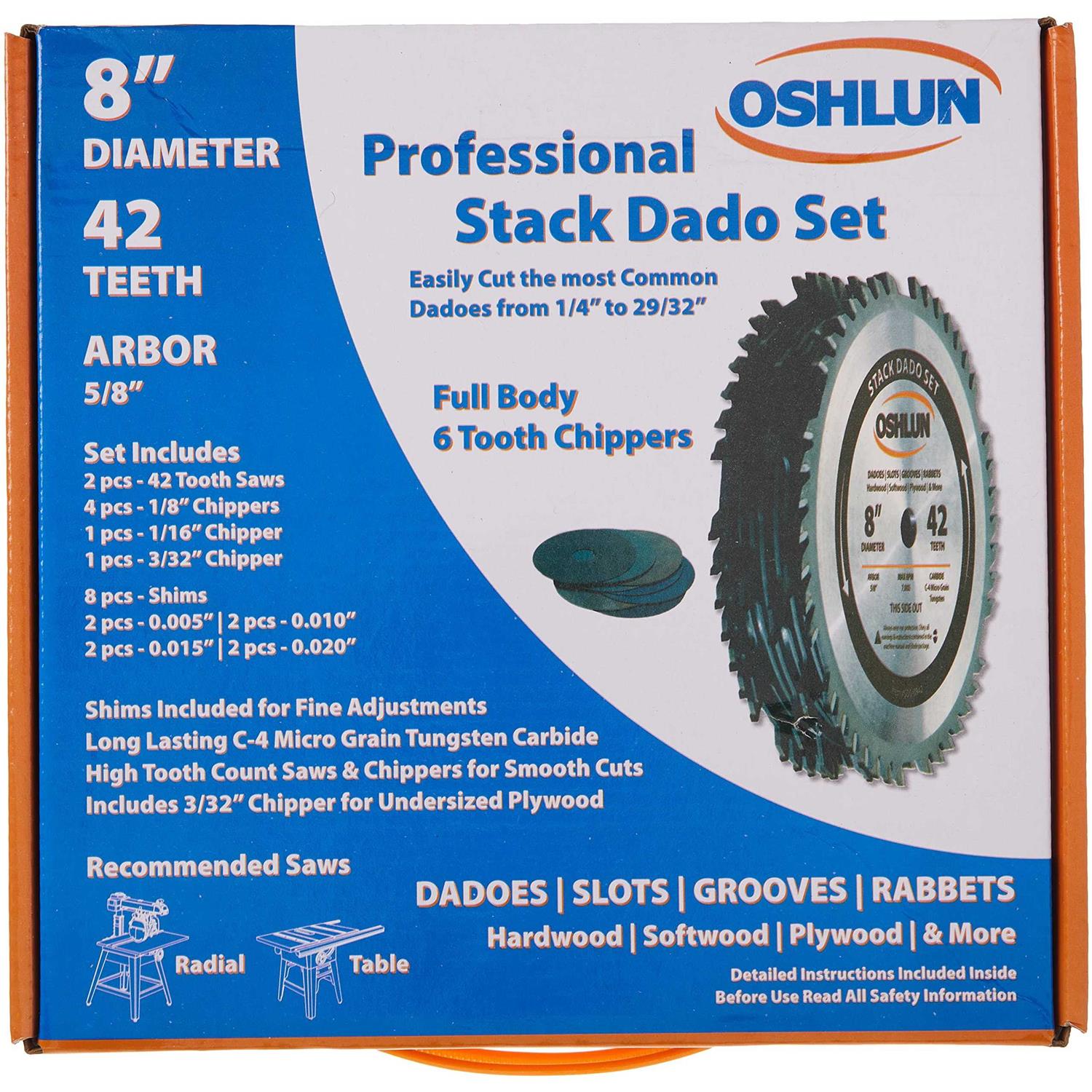 Oshlun SDS-0842 8-Inch 42 Tooth Stack Dado Set with 5/8-Inch Arbor ...