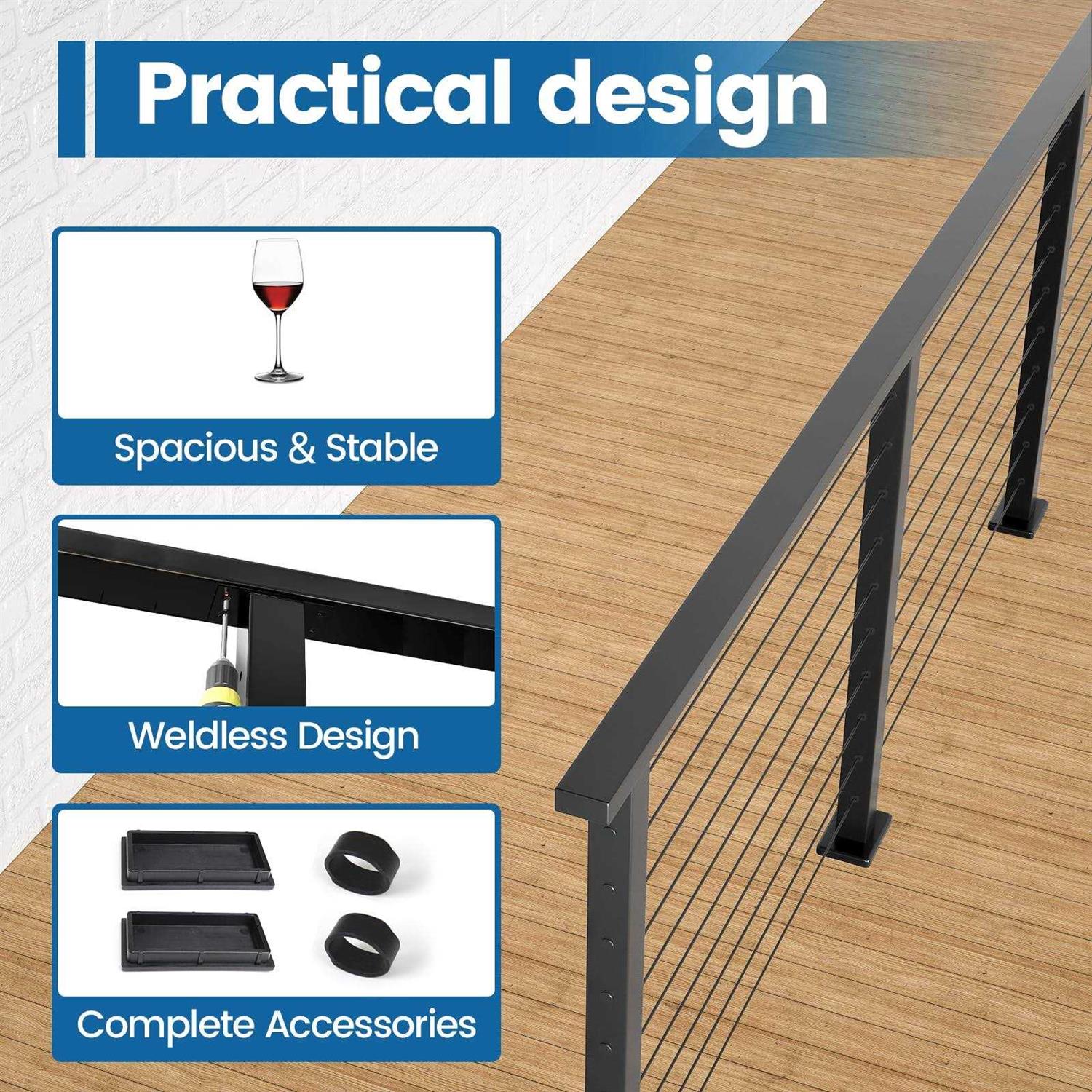 Muzata 6'6 Stainless Steel Handrail Black Rectangular Handrail Top Rail ...