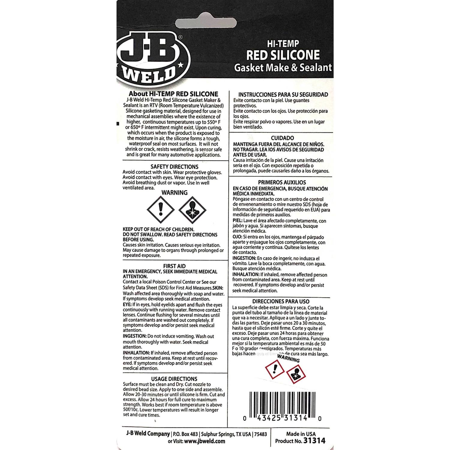 J-B Weld Red Hi-Temp RTV Silicone Gasket & Sealant 3 Oz 31314 ...