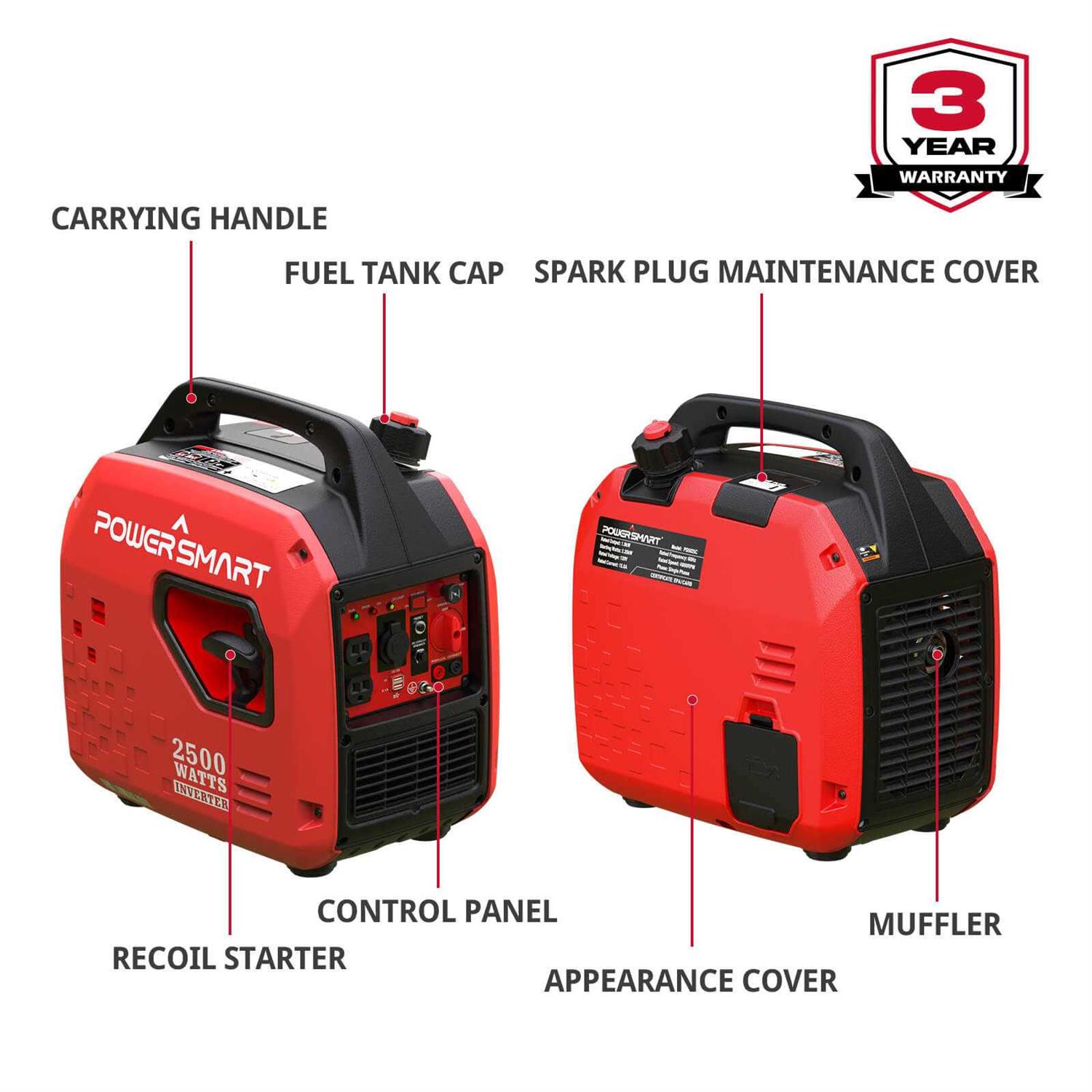 PowerSmart 2500-Watt Portable Gas Inverter Generator Super Quiet ...