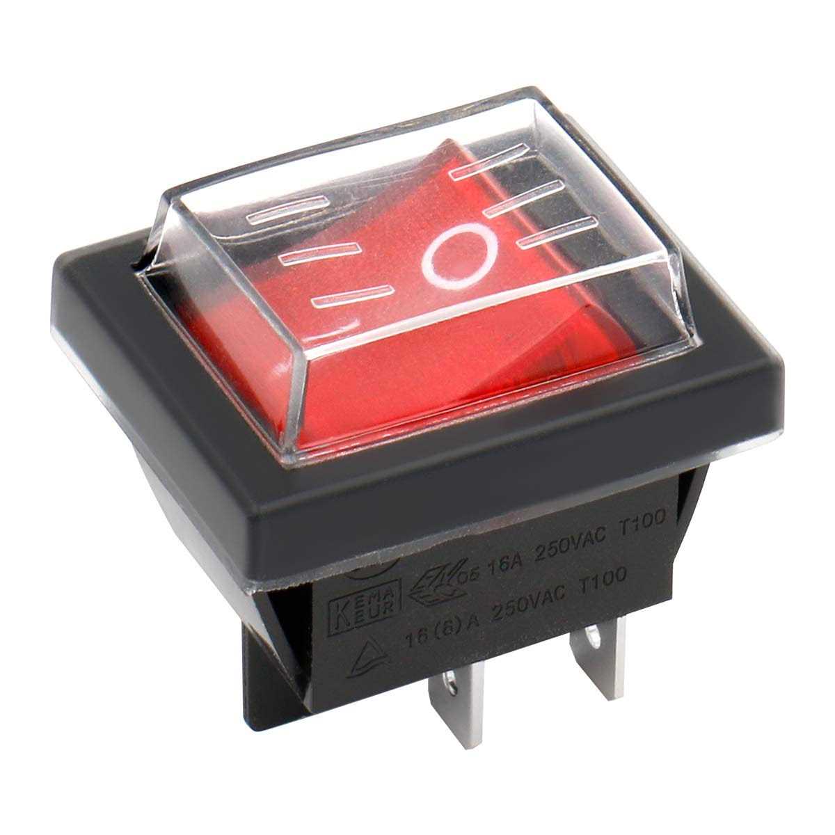 Heschen Rocker Switch ON-off DPST 4 Terminals Red Light 16A 250VAC with ...